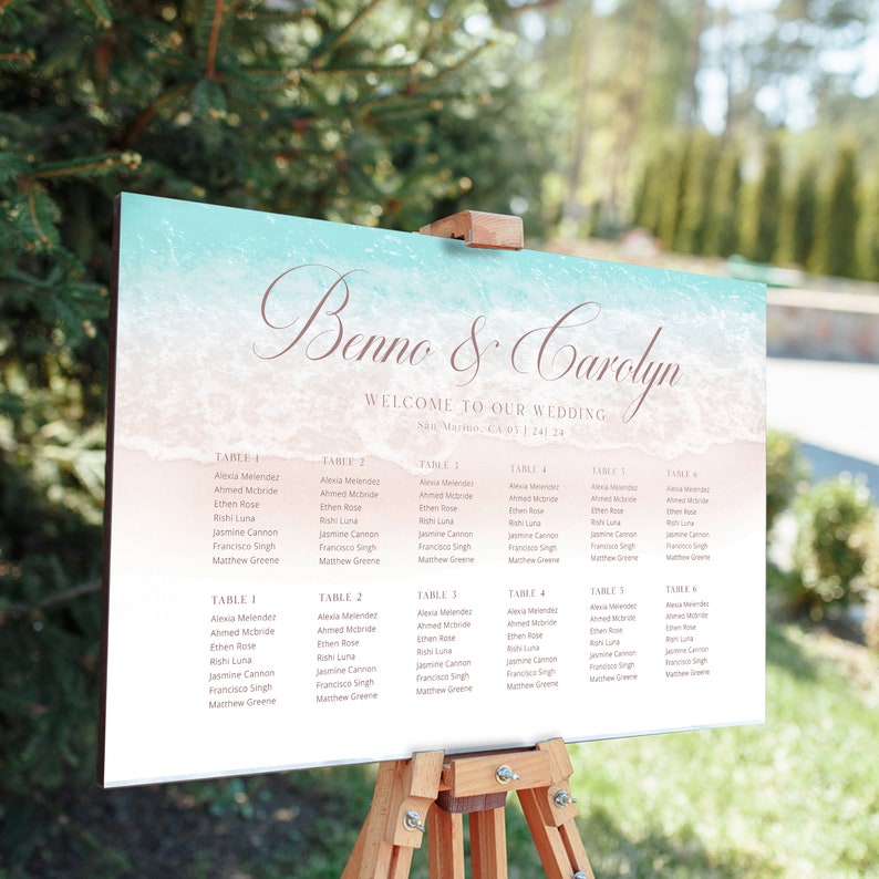 Summer Beach Sand Wedding Seating Chart & Table Card Template Bundle ...
