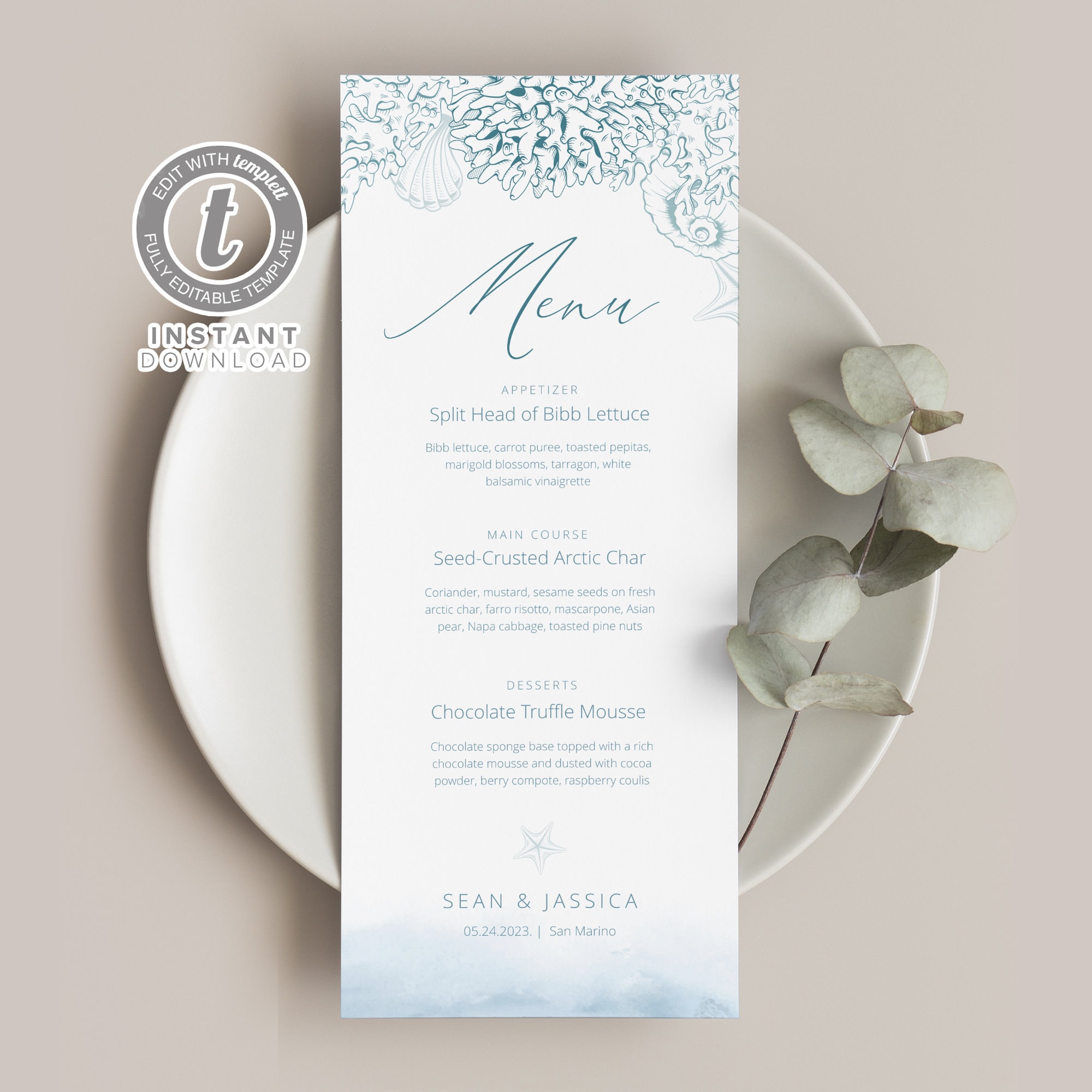 Blue Ocean Wedding Menu Template,coastal Wedding Menu ,summer Beach ...