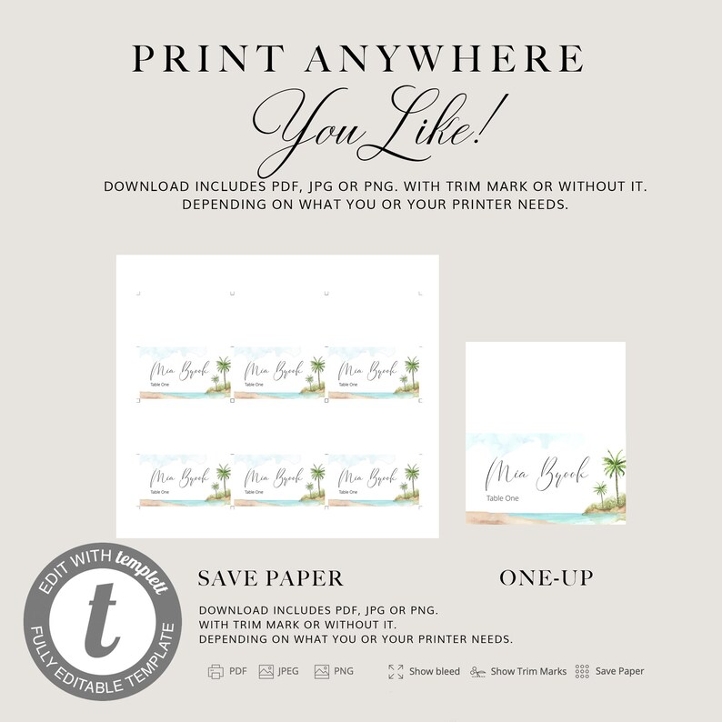 Ocean Beach Theme Place Card Template,summer Beach Card Template ...