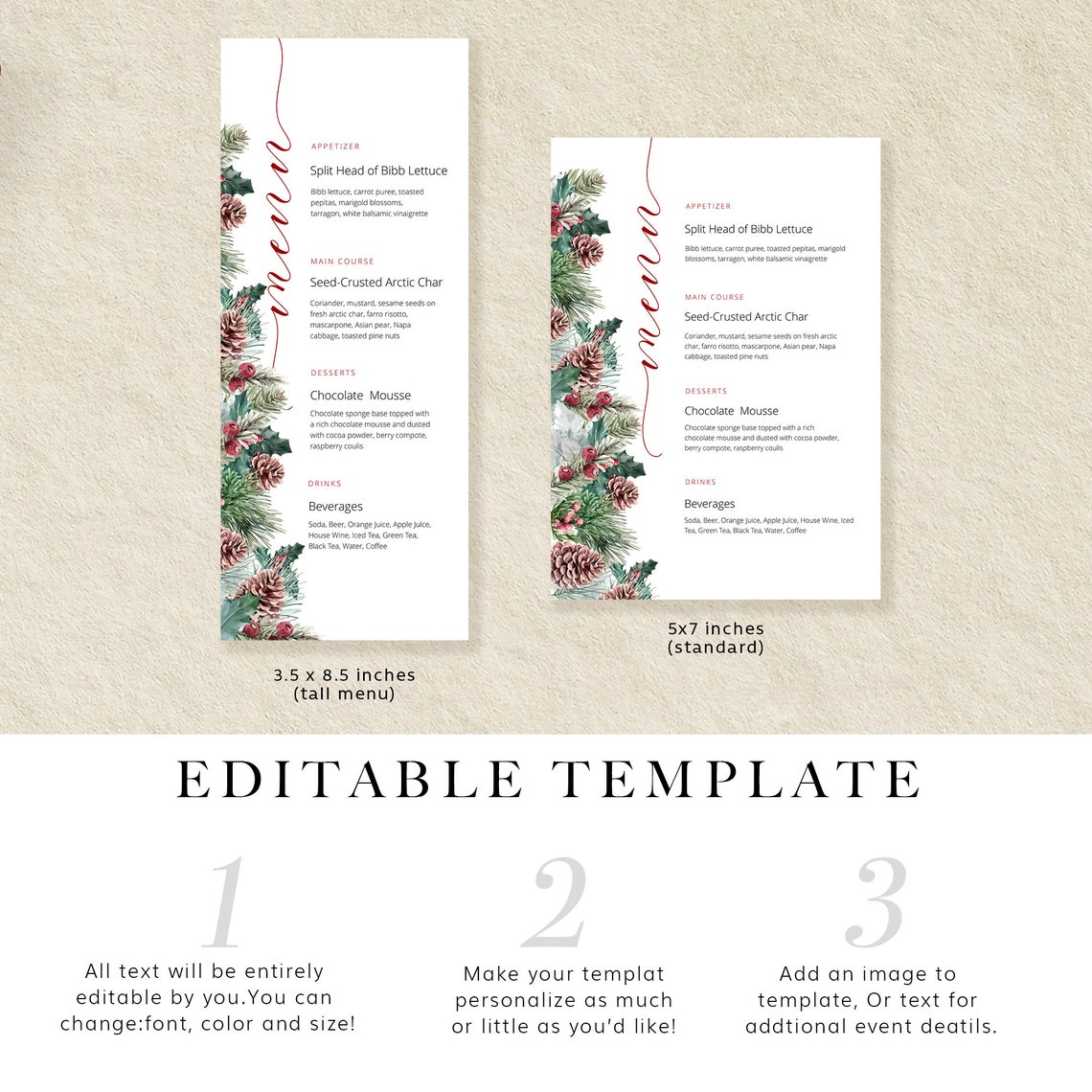 Christmas Menu Template, Winter Wedding Menu, Editable Christmas Menu ...