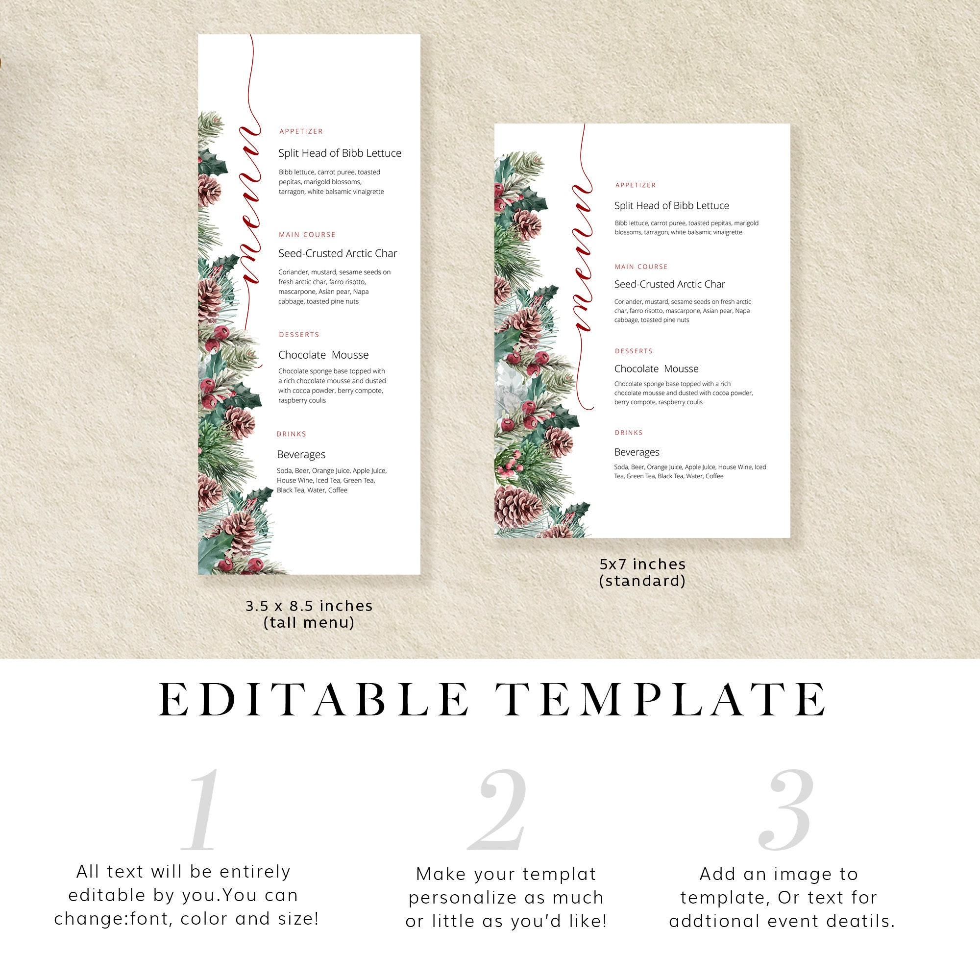 Christmas Menu Template, Winter Wedding Menu, Editable Christmas Menu ...