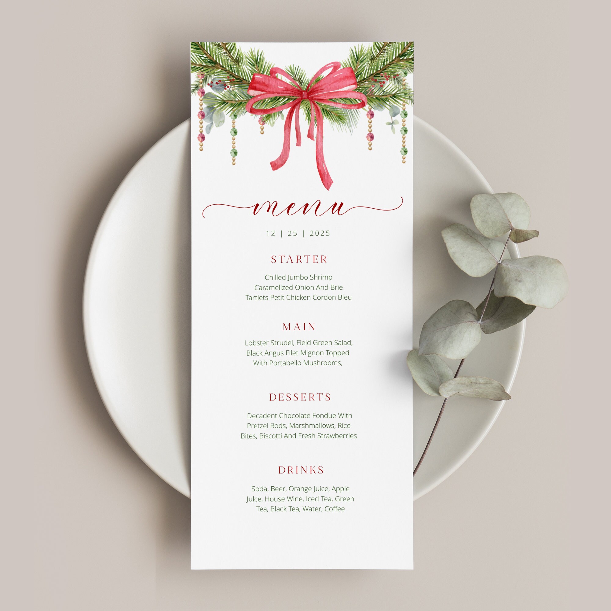 Christmas Menu Template, Christmas Wreath Menu, Printable Christmas ...