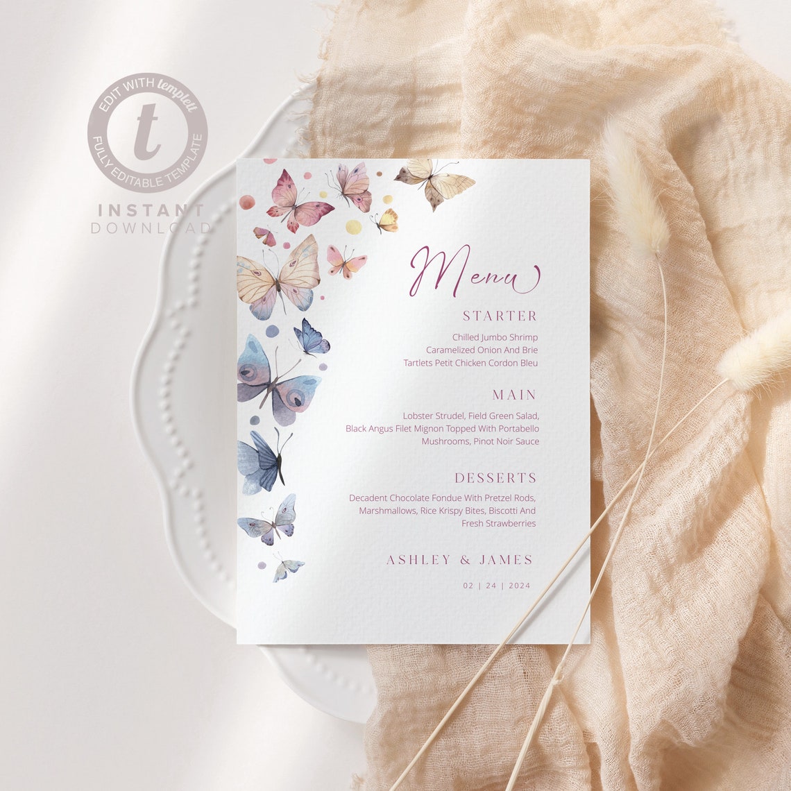 Butterflies Menu Card Editable Party Table Menus Template,baby Shower ...