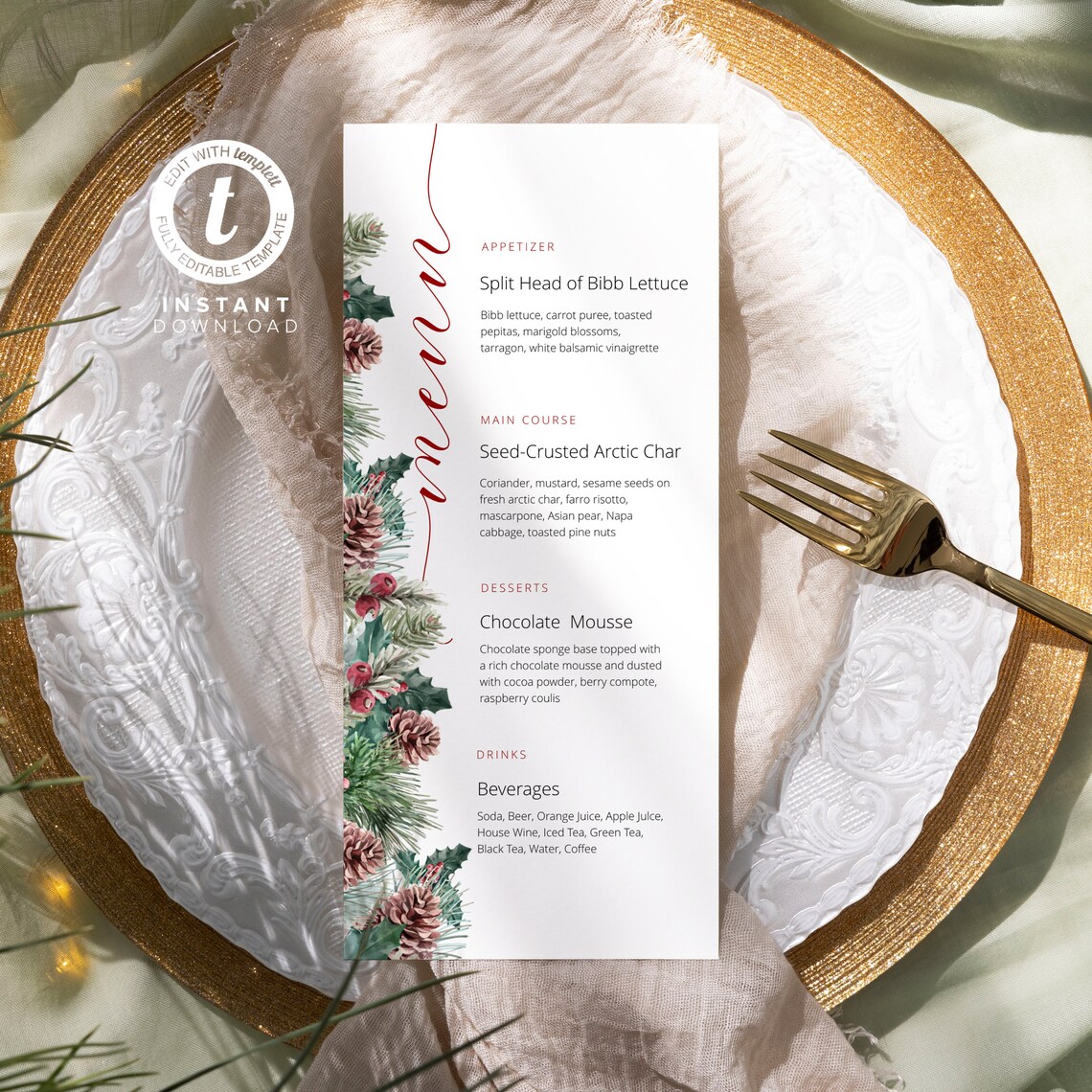 Christmas Menu Template, Winter Wedding Menu, Editable Christmas Menu ...