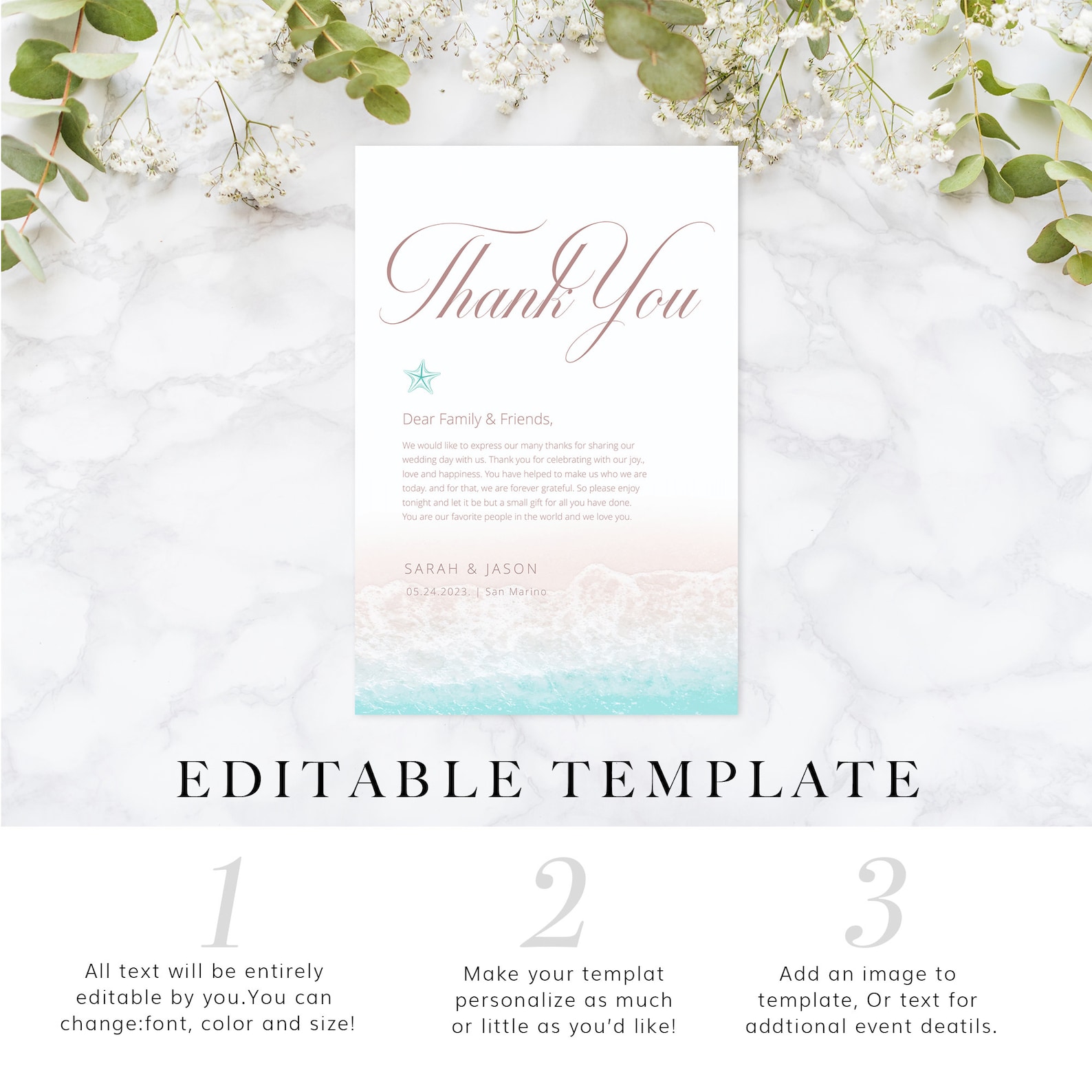 Beach Themed Wedding Thank You Card Template, Summer Beach Thank You ...