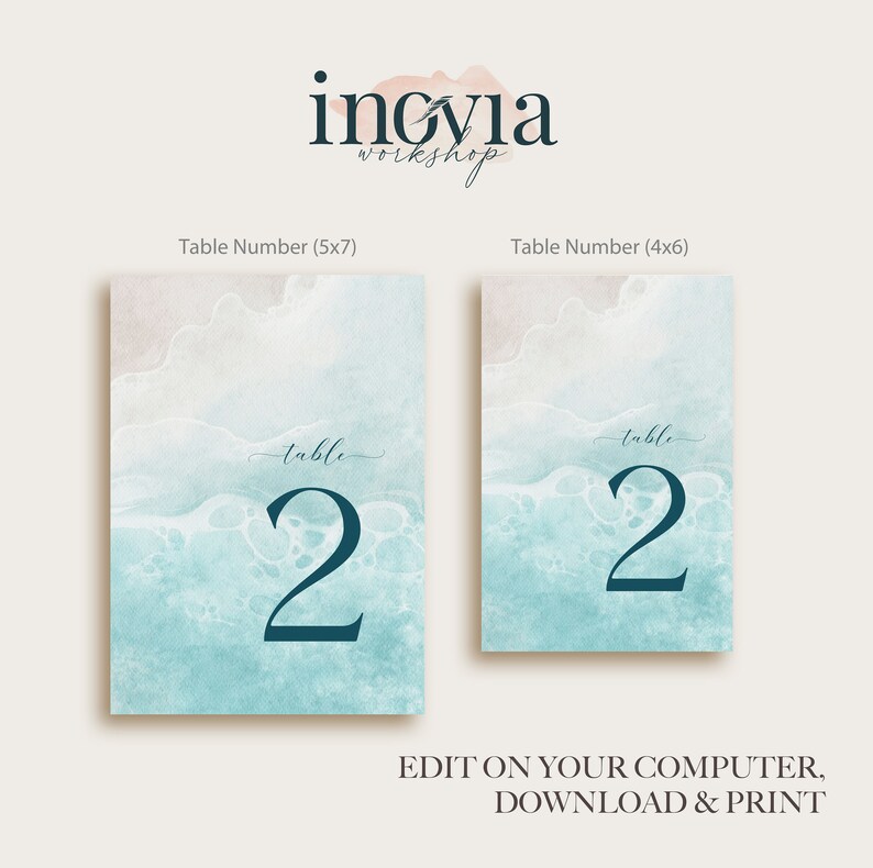 Blue Ocean Wedding Table Number Card Template, Editable Coastal ...