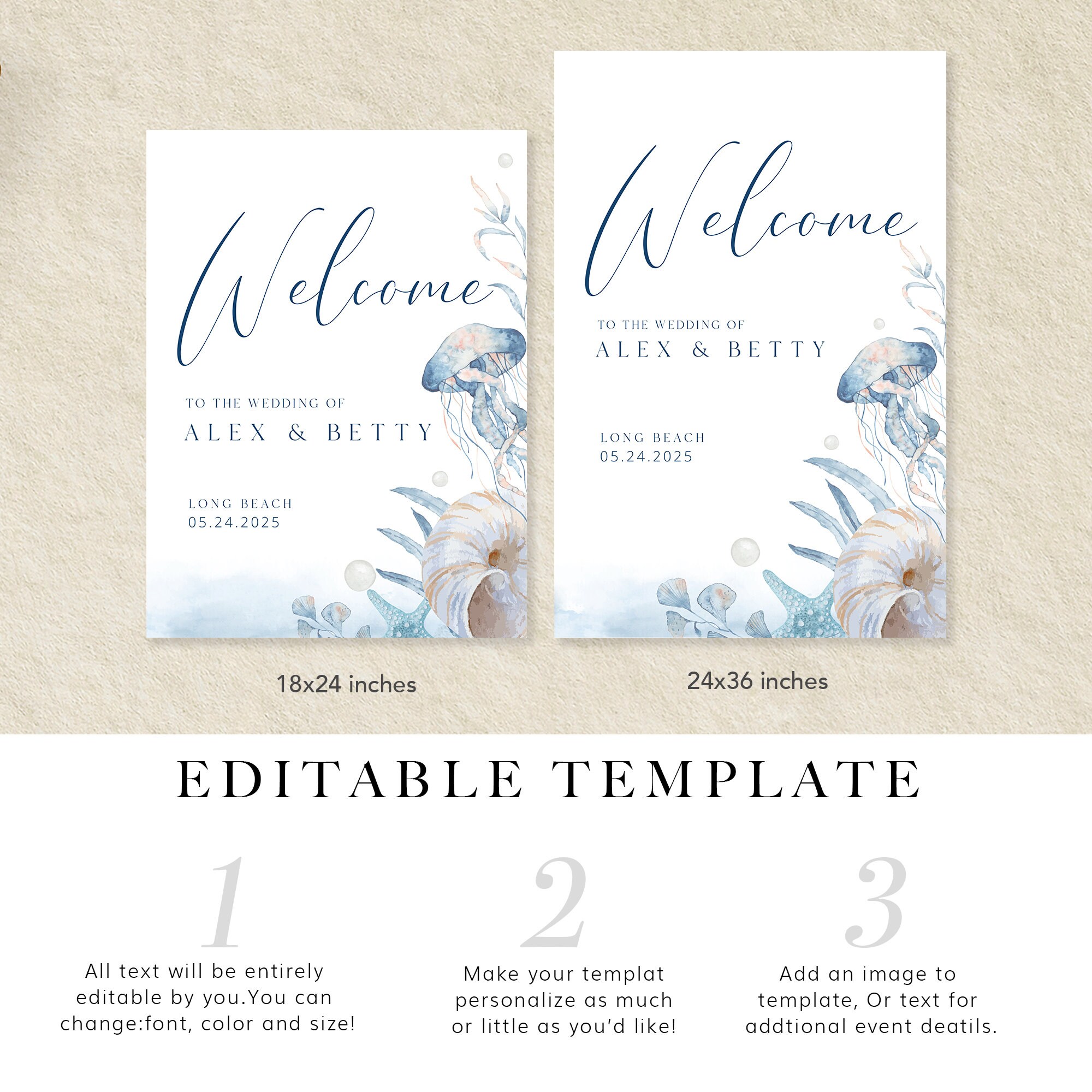 Blue Beach Ocean Wedding Welcome Sign Template, Summer Ocean Wedding ...