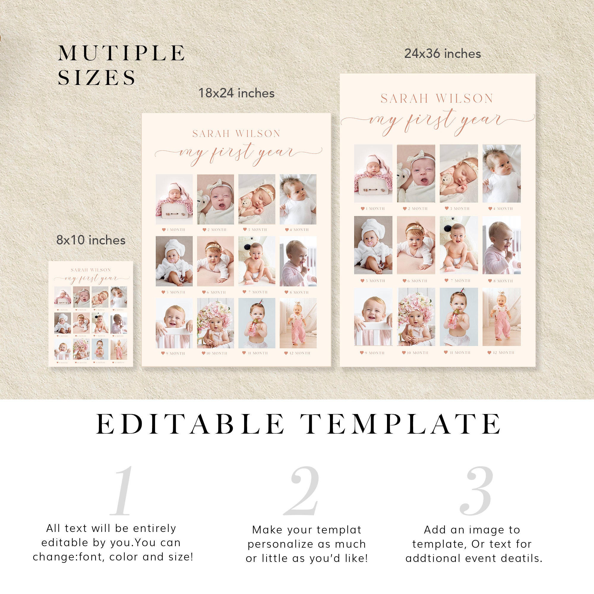One Year of Photo Board Baby Photo Template,editable First Birthday ...