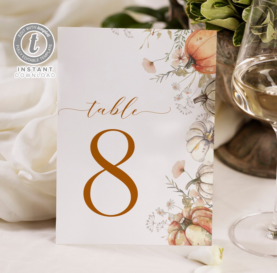Fall Wildflower Pumpkin Wedding Table Number Template, Editable Number ...