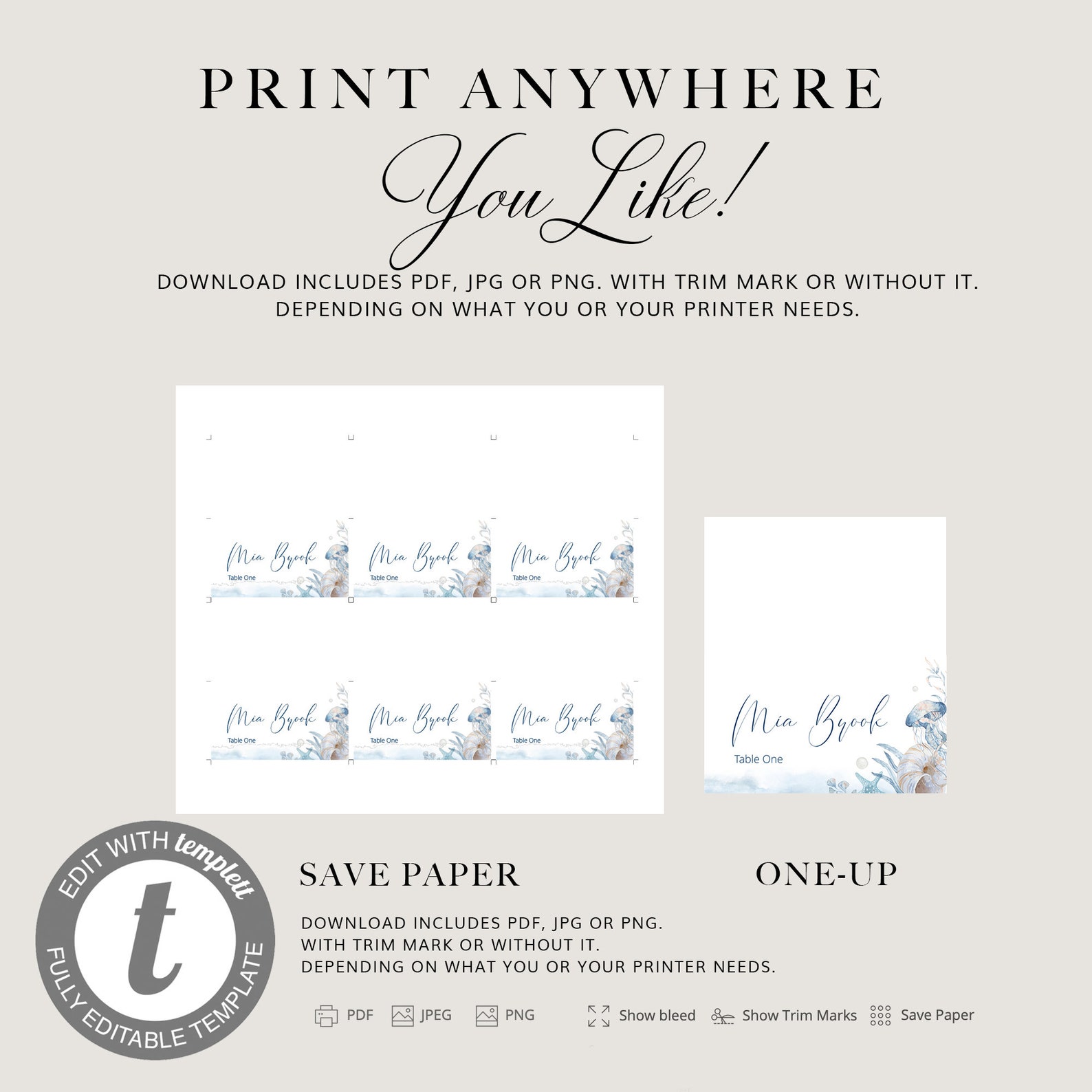 Blue Ocean Theme Place Card Template,summer Beach Card Template ...