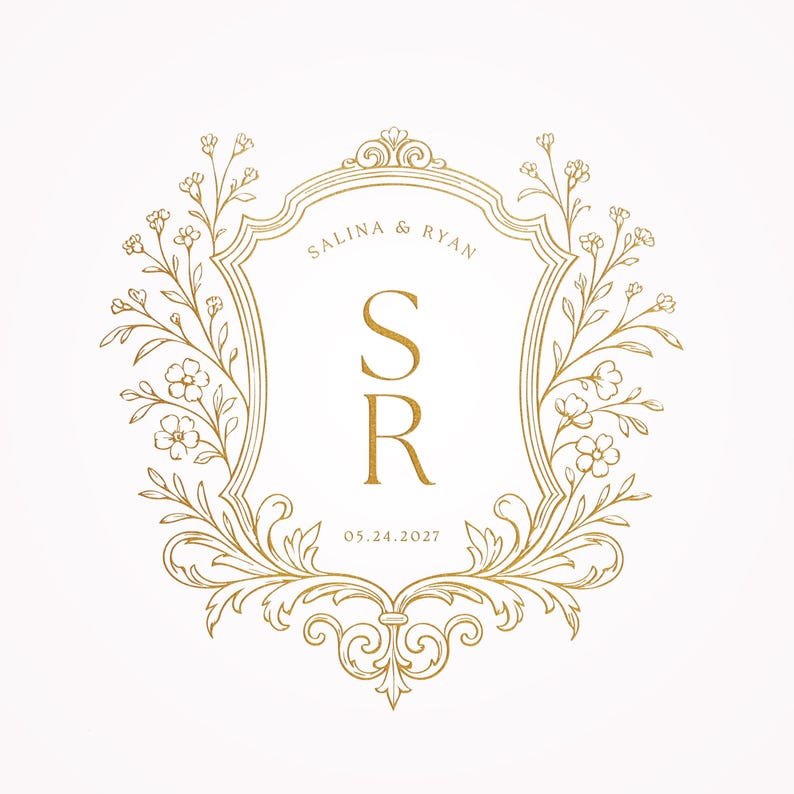 Vintage Floral Wedding Crest Logo Template: Editable Monogram Design ...