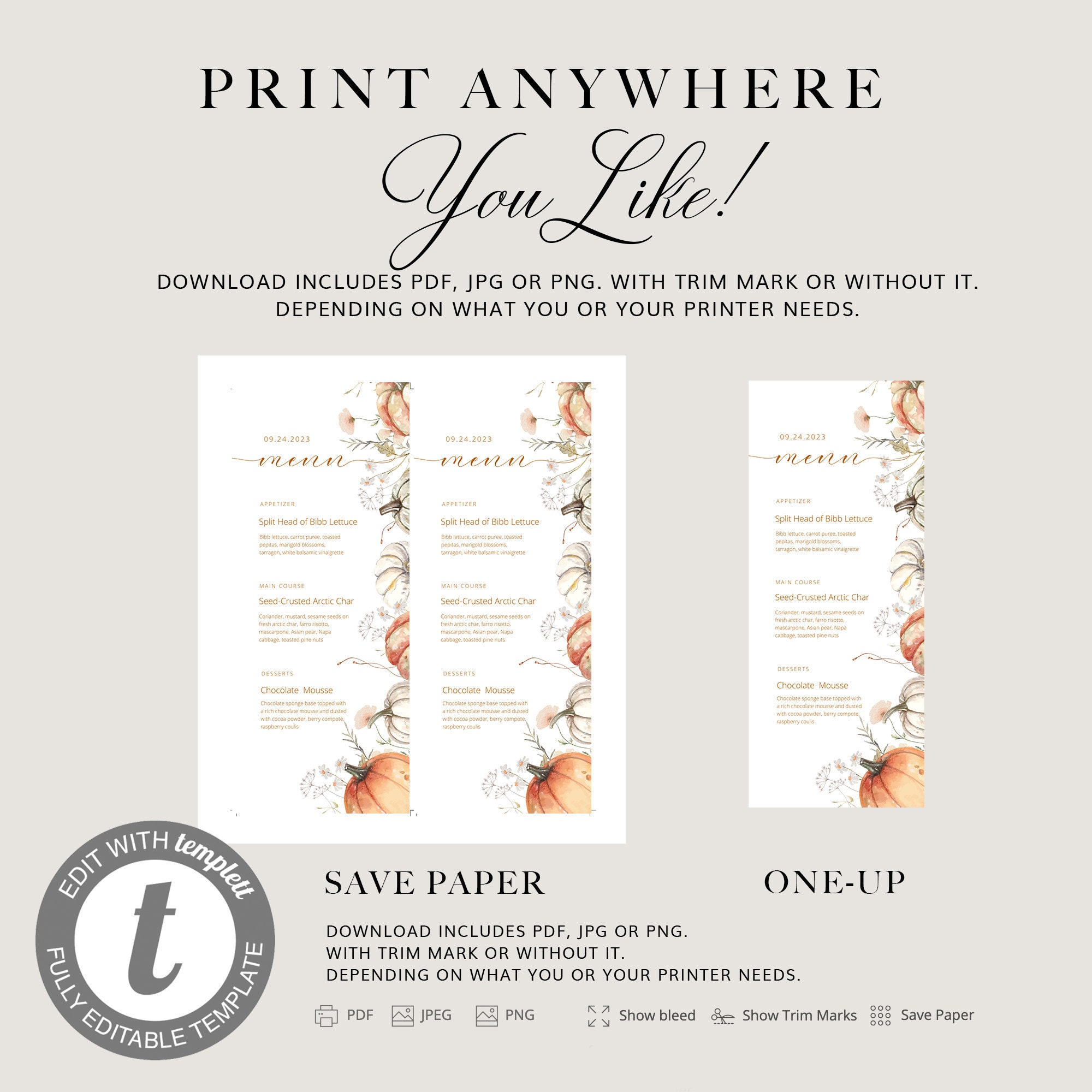 Fall Floral Pumpkin Menu Template , Party Brunch, Dinner, Autumn ...