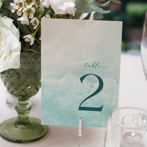 Blue Ocean Wedding Table Number Card Template, Editable Coastal ...