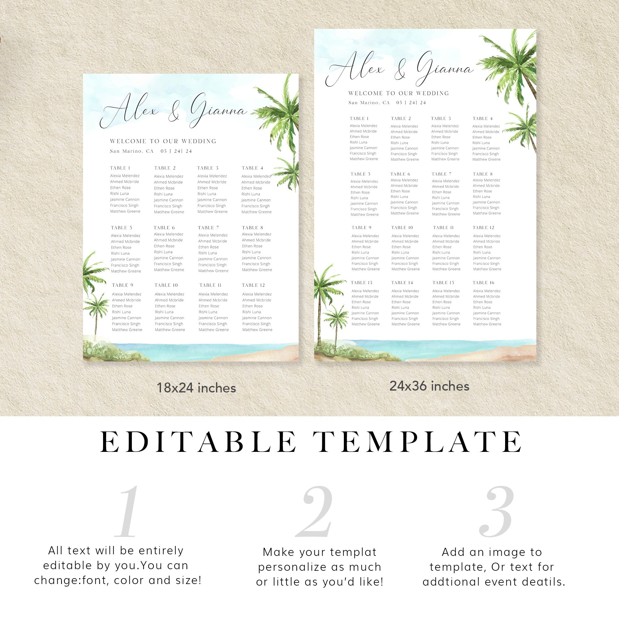 Summer Beach Wedding Seating Chart Template (INSTANT Download) - Etsy