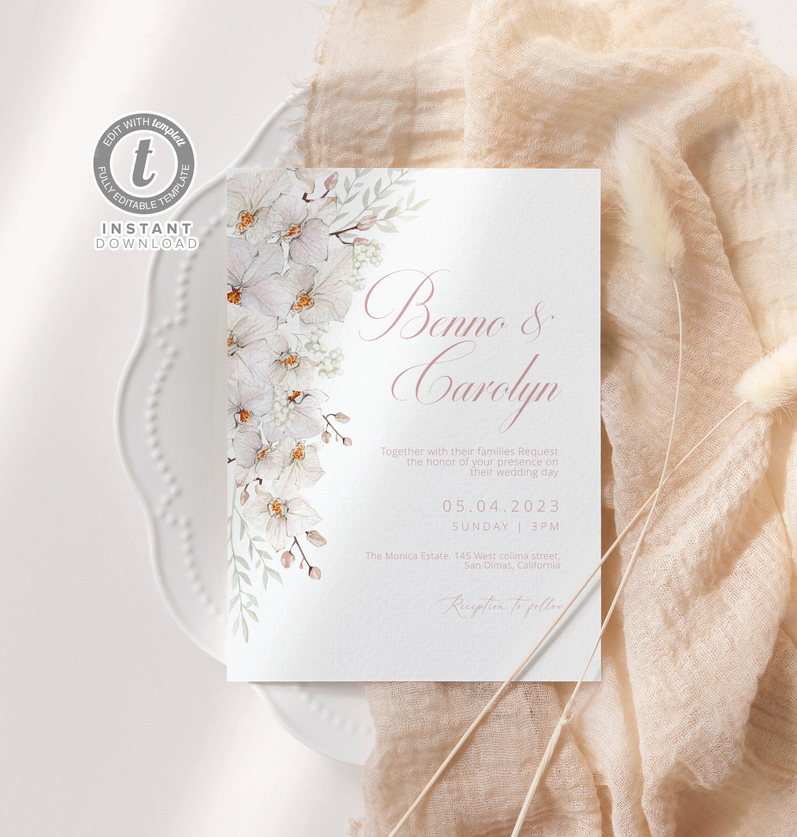 Editable Orchid Boho Wedding Invitation Set, Bohemian Wedding Shower ...