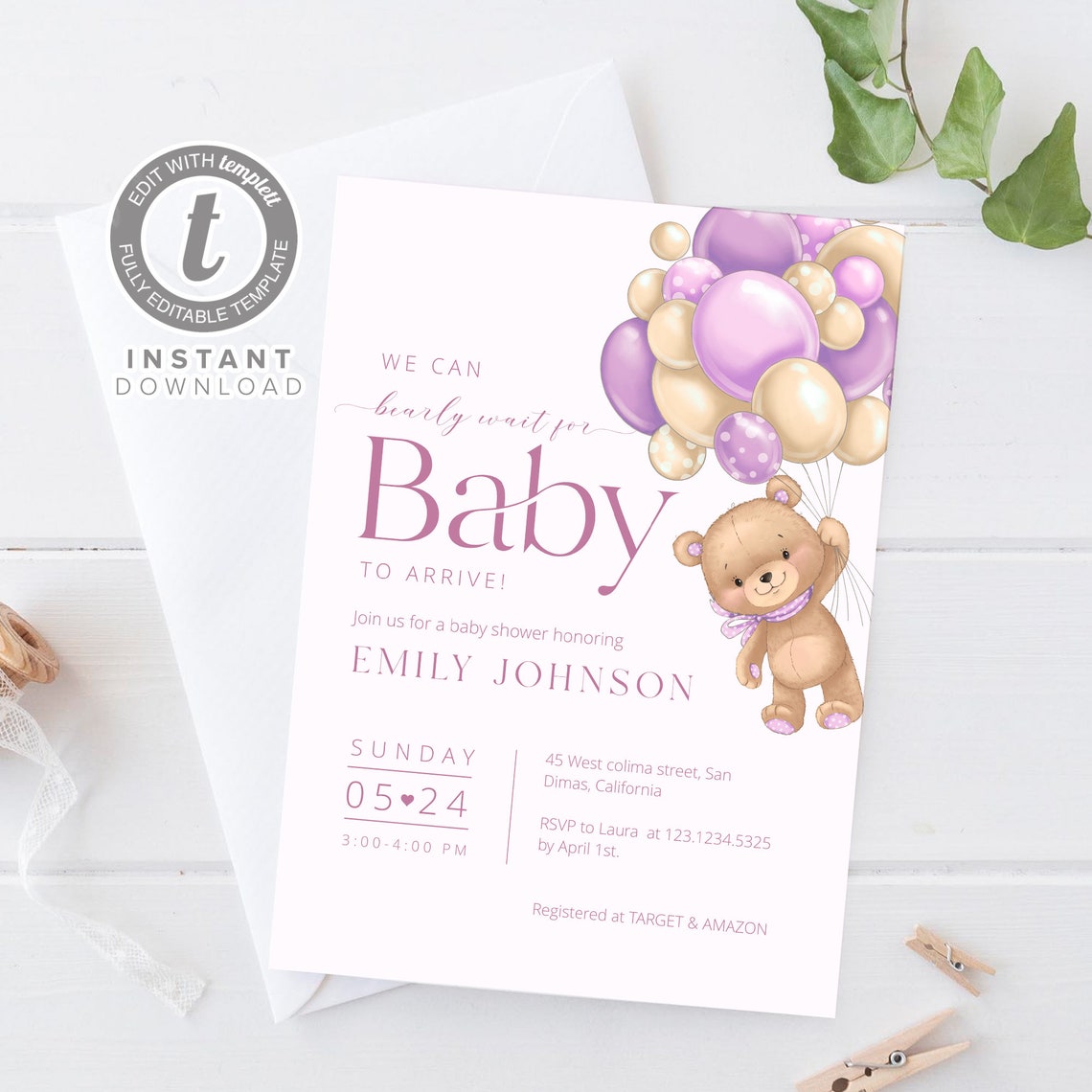 Teddy Bear Balloons Baby Shower Invitation Template,editable Baby Teddy ...
