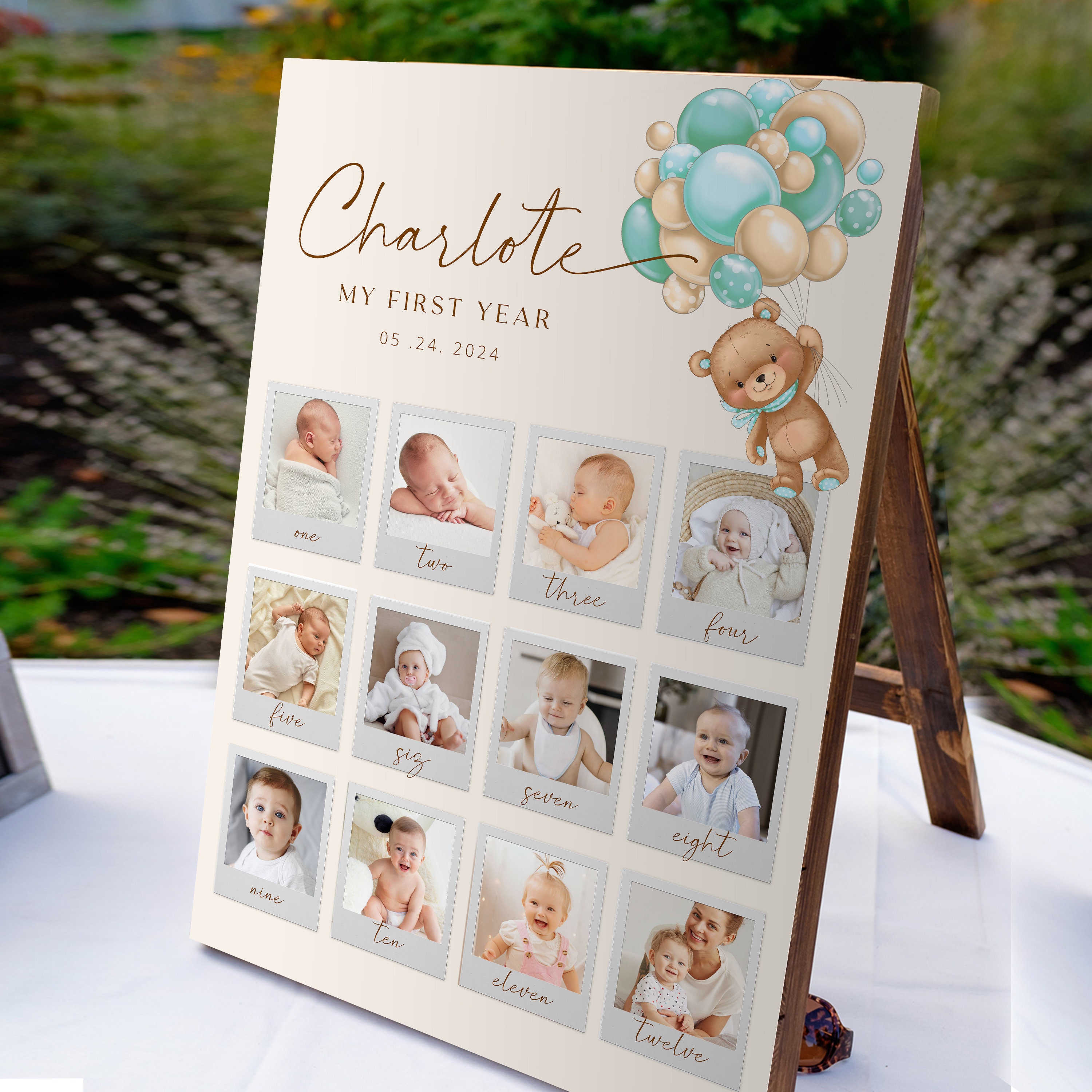 Editable Teddy Bear One Year of Baby Photo Template First Birthday ...