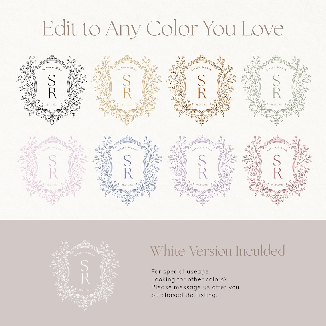 Vintage Floral Wedding Crest Logo Template: Editable Monogram Design ...