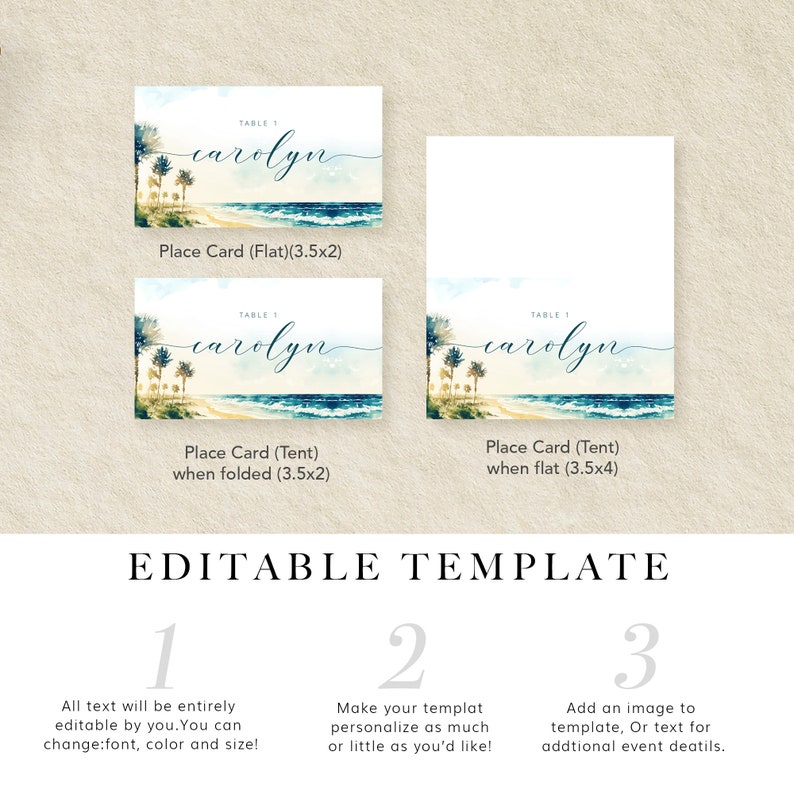 Ocean Beach Wedding Place Card Template,summer Coastal Beach Card ...