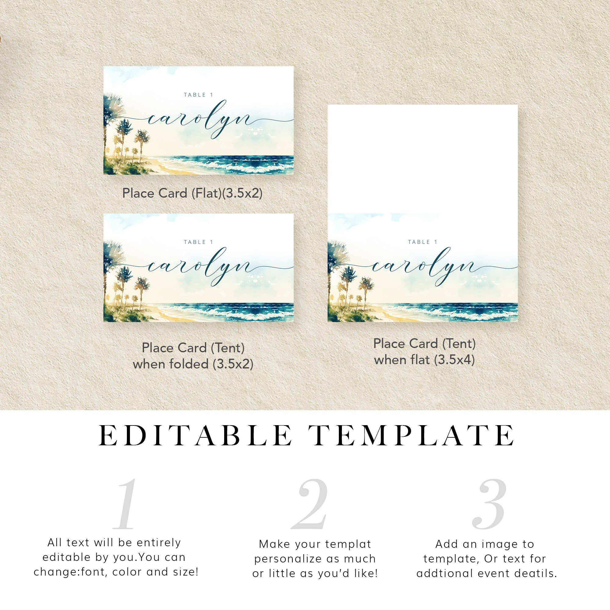 Ocean Beach Wedding Place Card Template,summer Coastal Beach Card ...