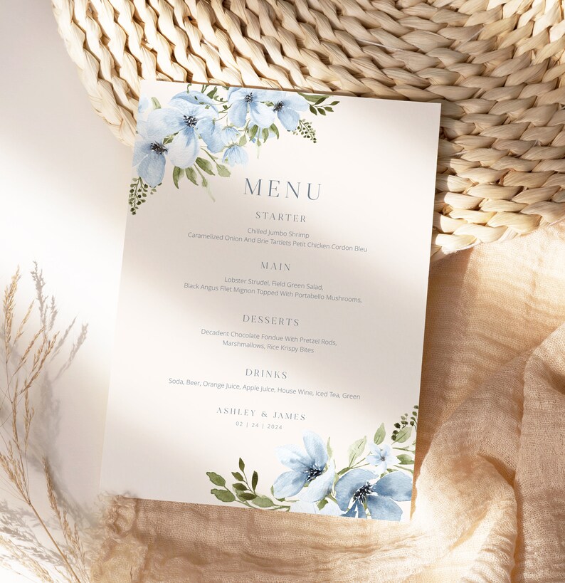 Dusty Blue Floral Wedding Menu Template, Blue Boho Flower Menu ...