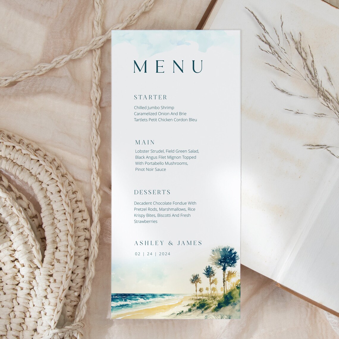 Palm Tree Ocean Beach Wedding Menu Template,beach Palm Tree Wedding ...