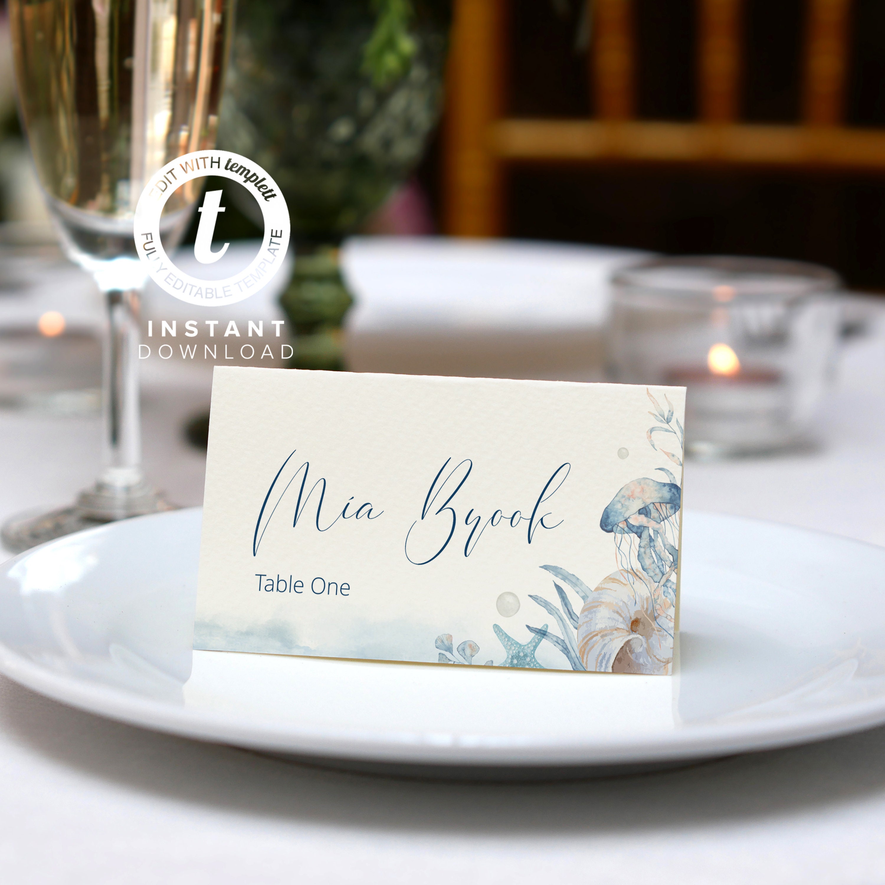 Blue Ocean Theme Place Card Template,summer Beach Card Template ...