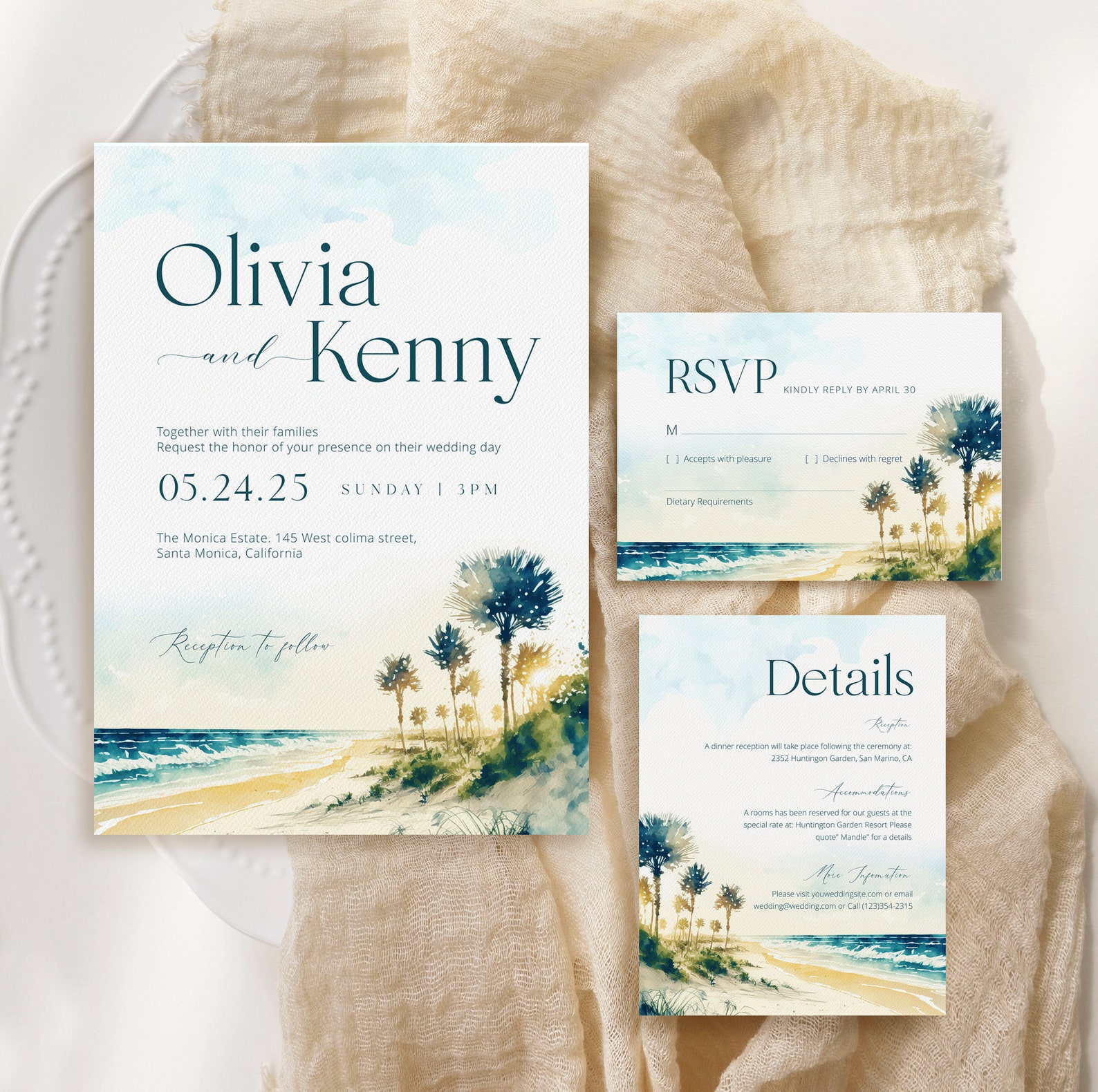 Ocean Beach Palm Tree Wedding Invitation Suite Template,coastal Ocean ...