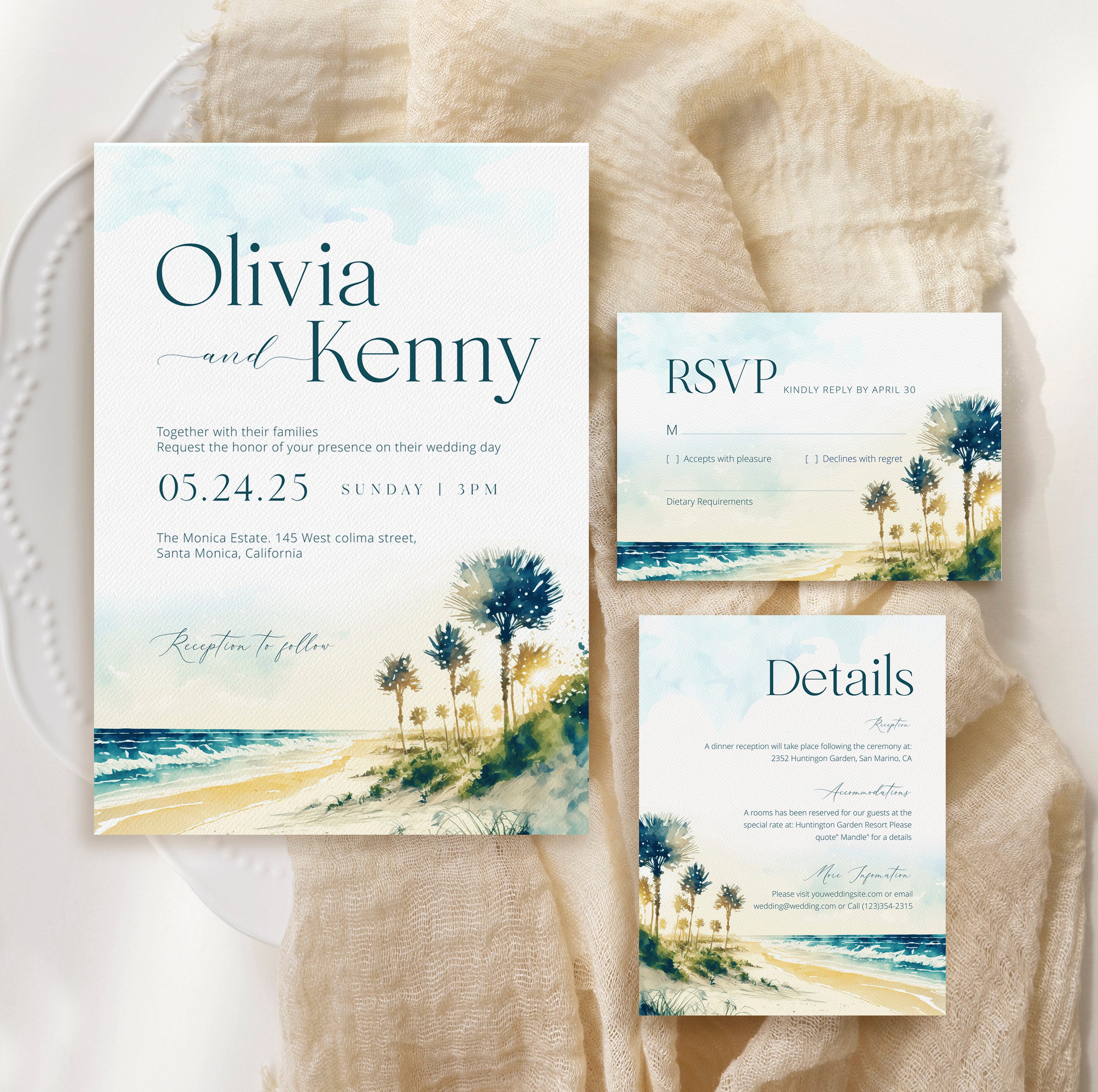 Ocean Beach Palm Tree Wedding Invitation Suite Template,coastal Ocean ...