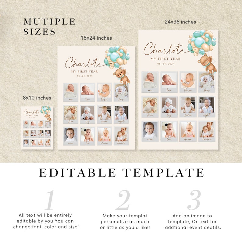 Editable Teddy Bear One Year of Baby Photo Template | First Birthday ...