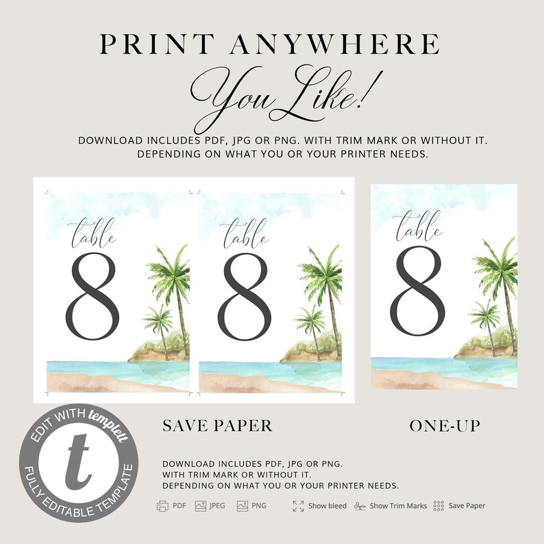 Beach Ocean Themed Wedding Table Number Card Template, Editable ...