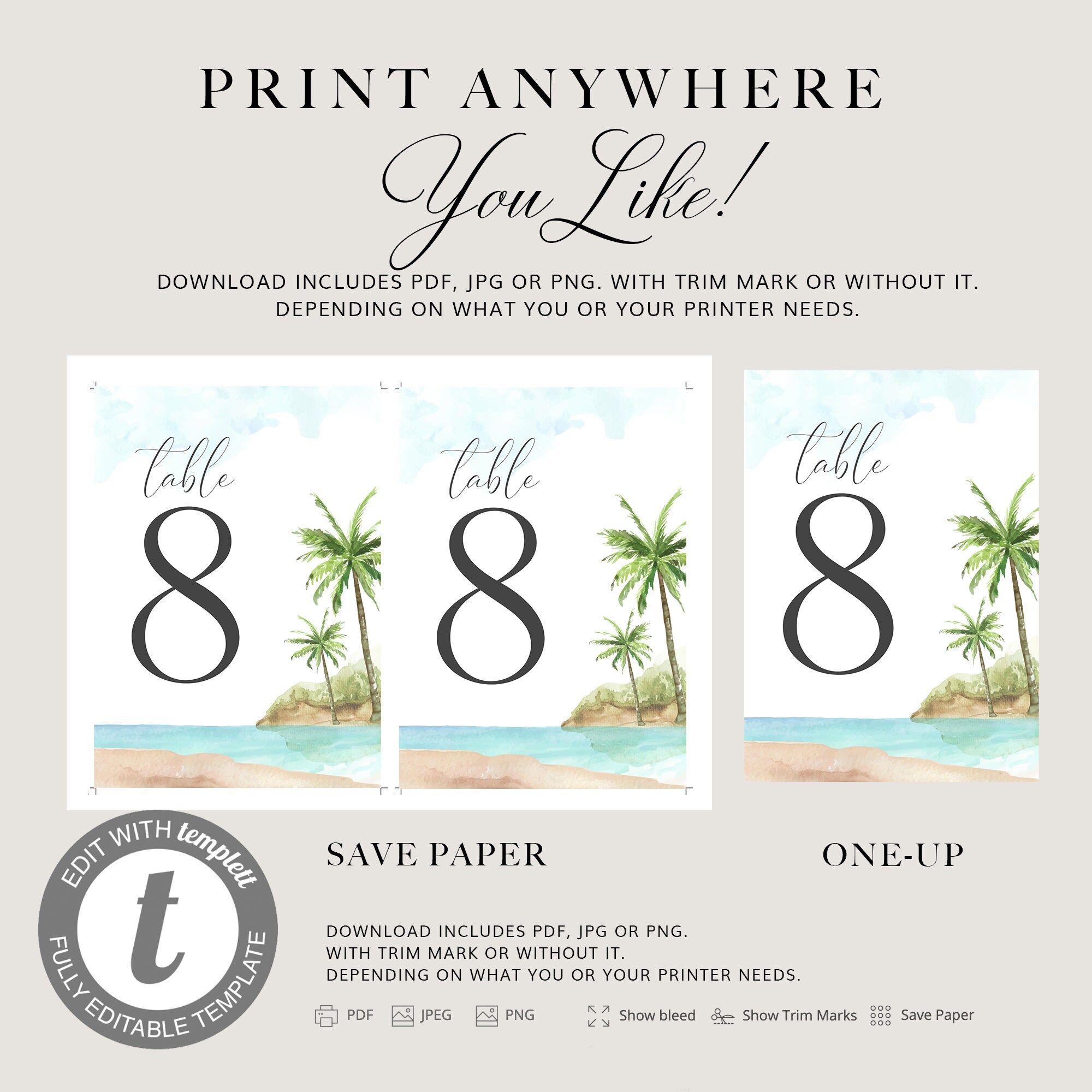 Beach Ocean Themed Wedding Table Number Card Template - Etsy