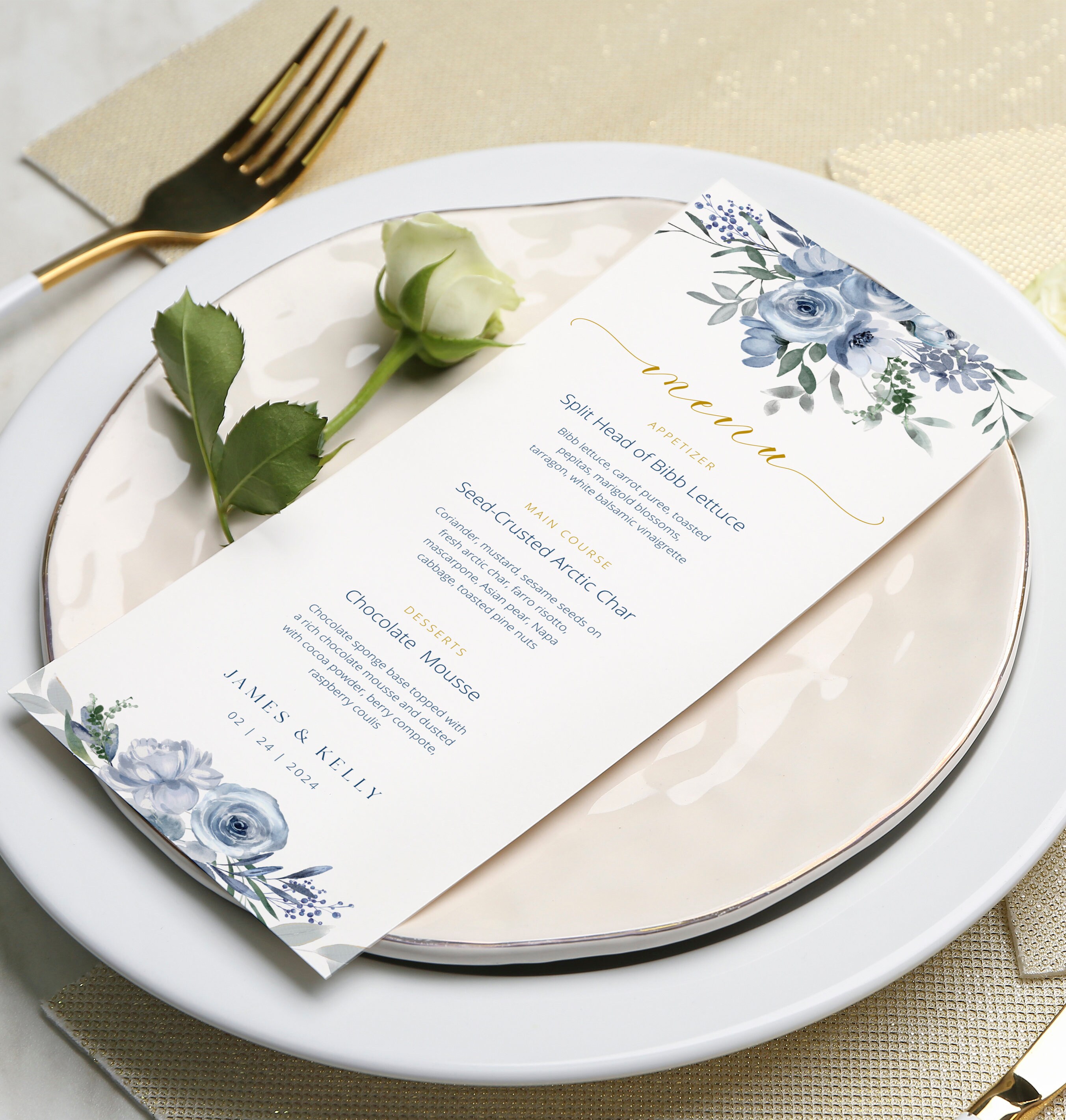 Dusty Blue Wedding Menu Template, Blue Boho Floral Menu, Printable ...