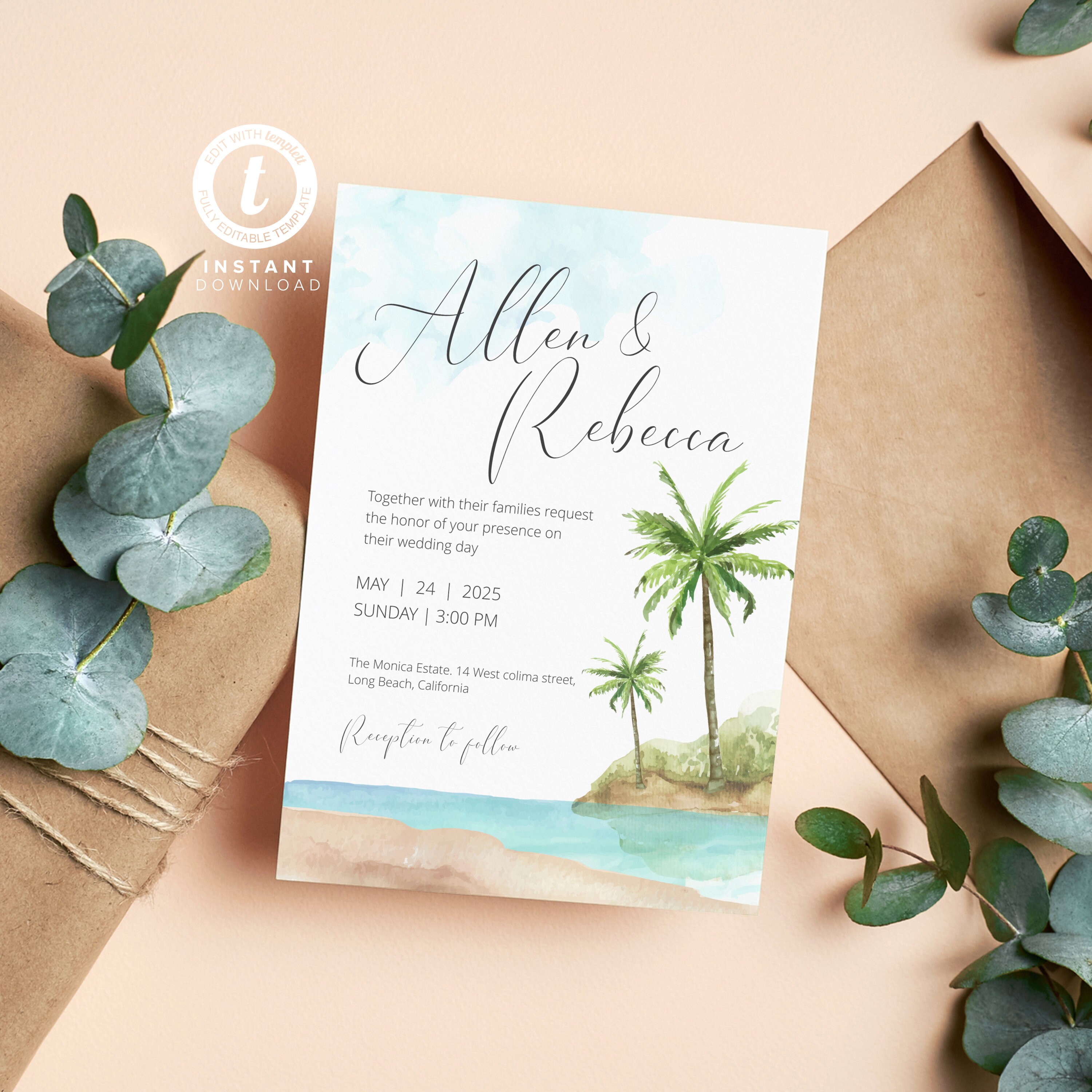 Ocean Beach Wedding Themed Invitation Set Template, Editable Wedding ...