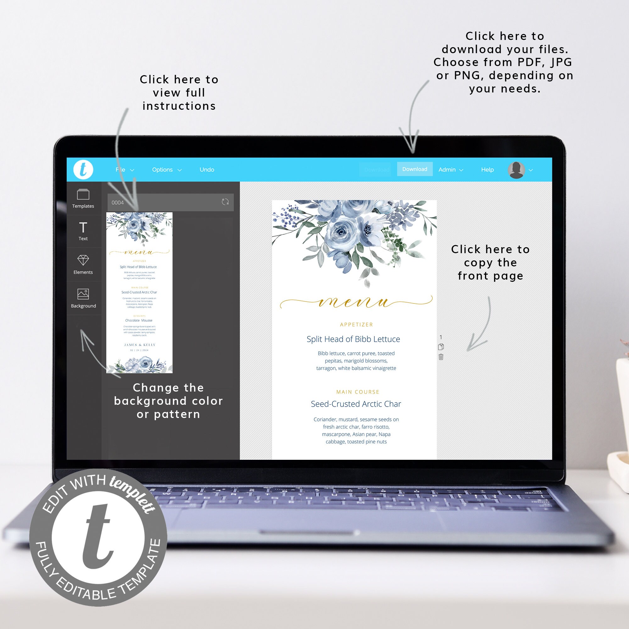 Dusty Blue Wedding Menu Template, Blue Boho Floral Menu, Printable ...