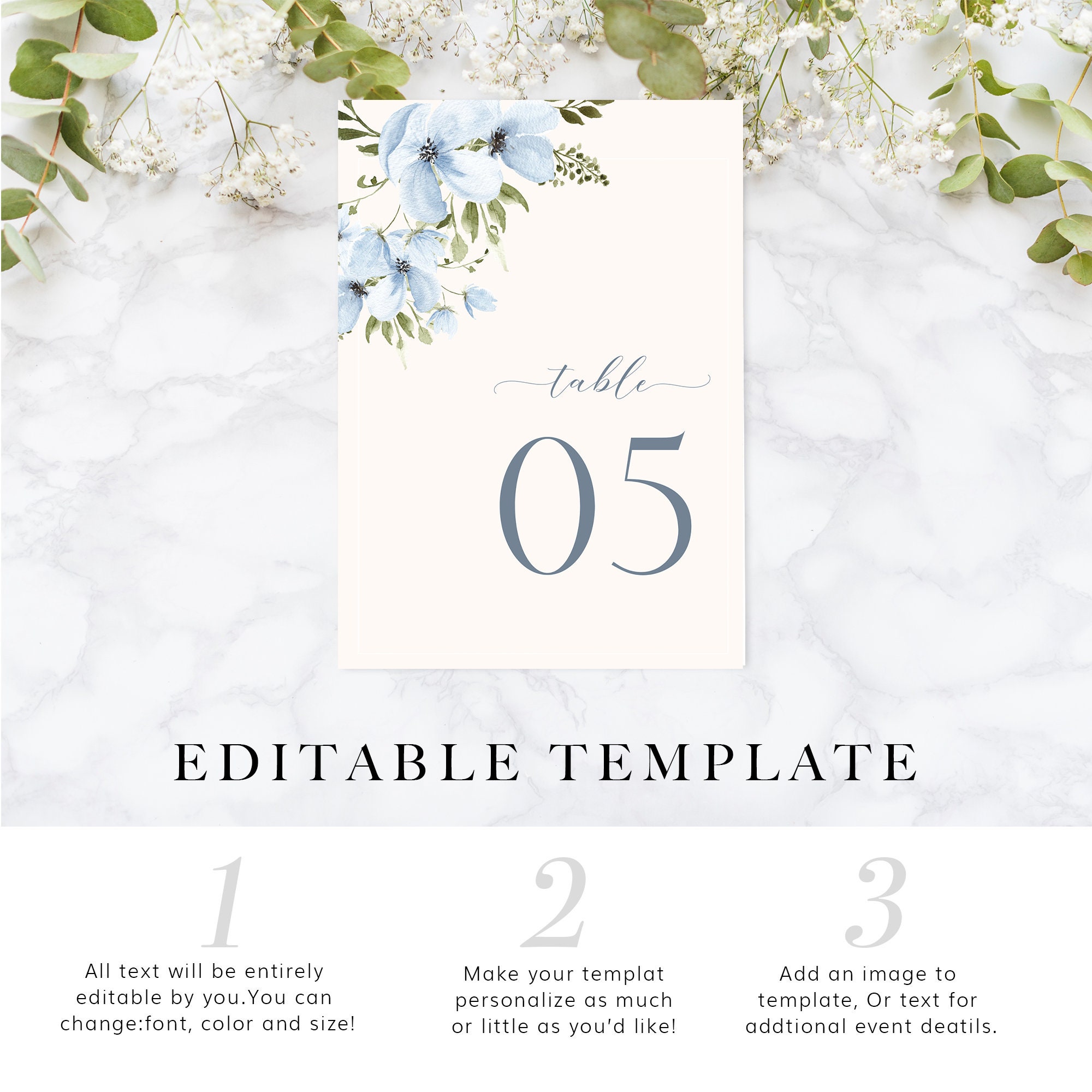 Dusty Blue Floral Table Numbers Templateeditable Winter - Etsy