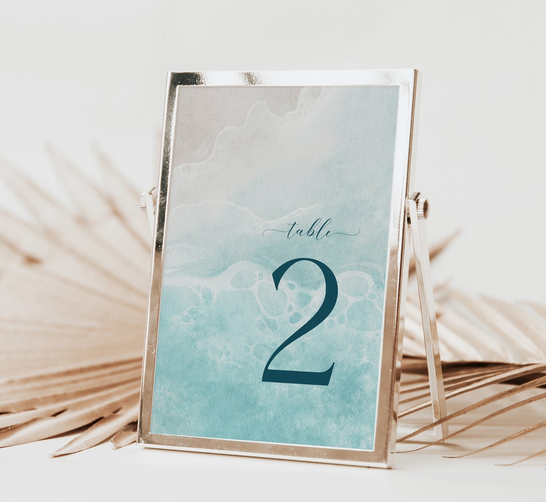 Blue Ocean Wedding Table Number Card Template, Editable Coastal ...