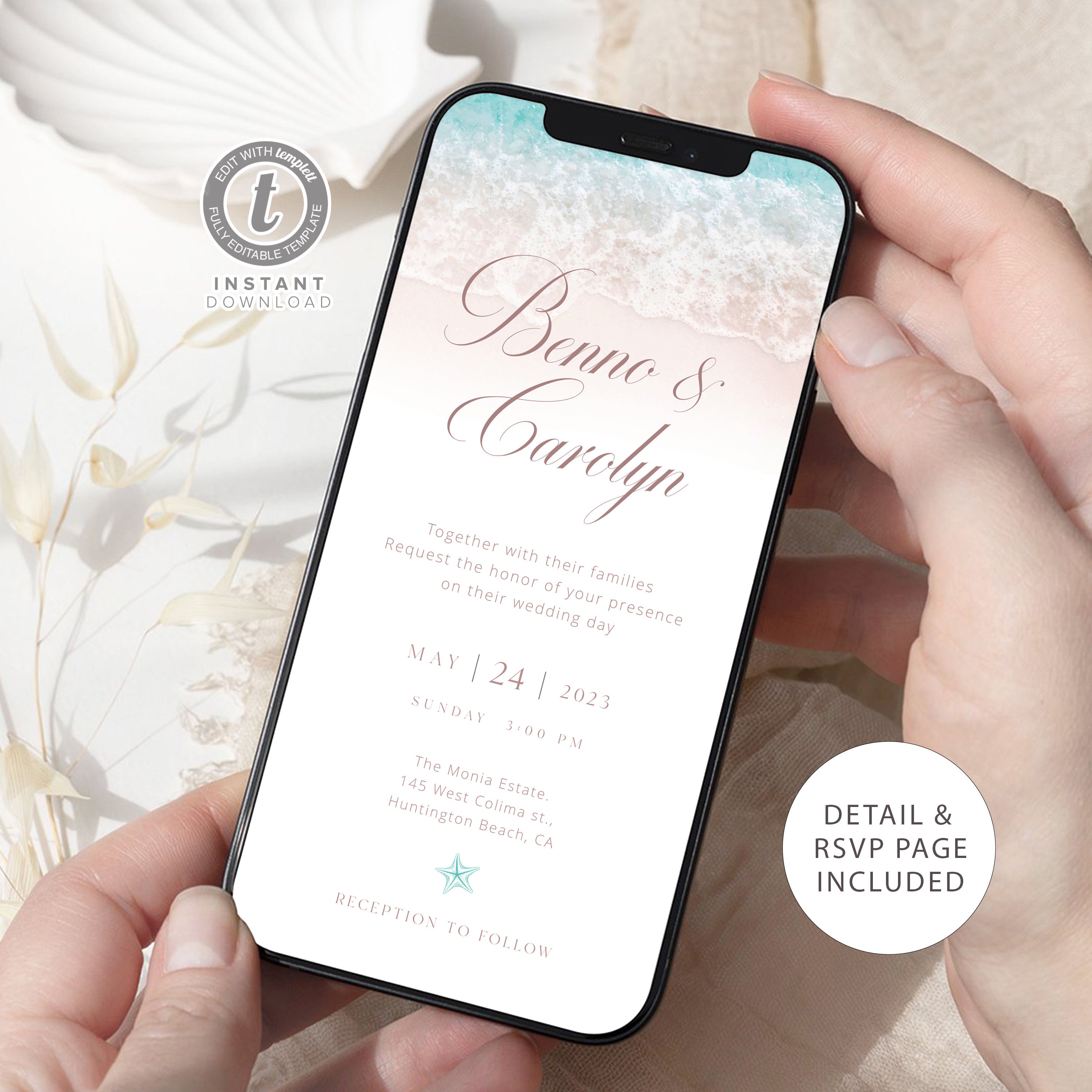 Summer Beach Sand Wedding Invite Set, Beach Digital Wedding Invitation ...