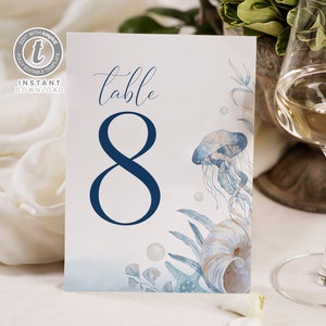 Blue Beach Ocean Themed Wedding Table Number Card Template, Editable ...