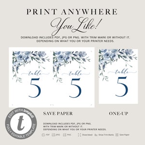 Dusty Blue Wedding Table Numbers Template, Editable Blue Table Numbers ...