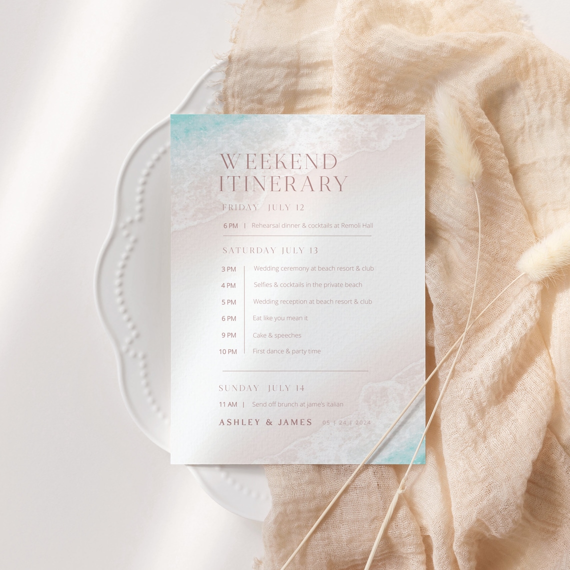 Beach Weekend Itinerary Templateocean Beach Sand Wedding - Etsy