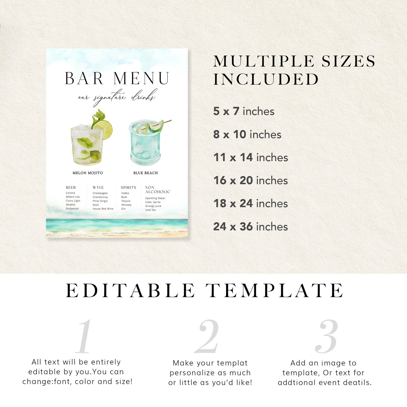 Beach Bar Menu Template: Summer Drink Sign (digital Download) - Etsy