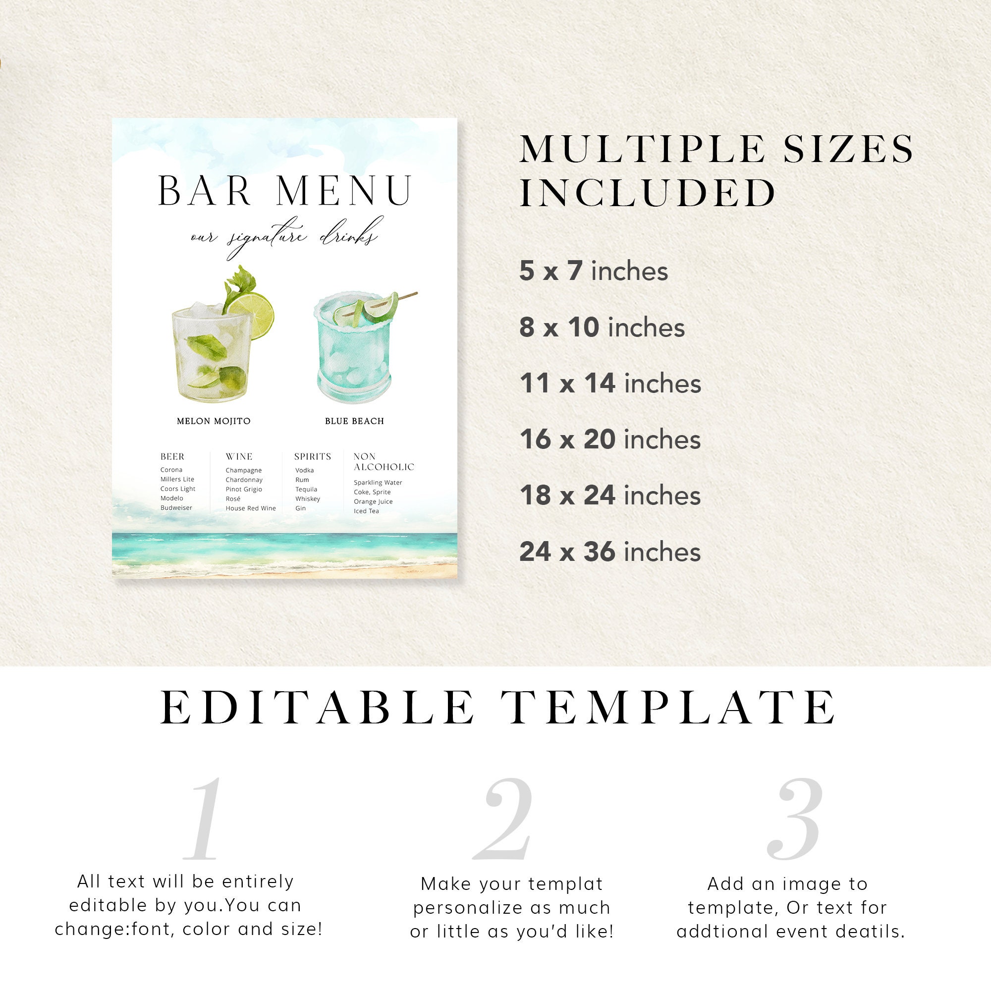 Beach Bar Menu Template: Summer Drink Sign (digital Download) - Etsy