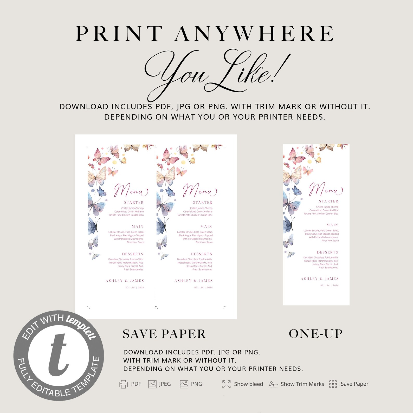 Butterflies Menu Card Editable Party Table Menus Template,baby Shower ...