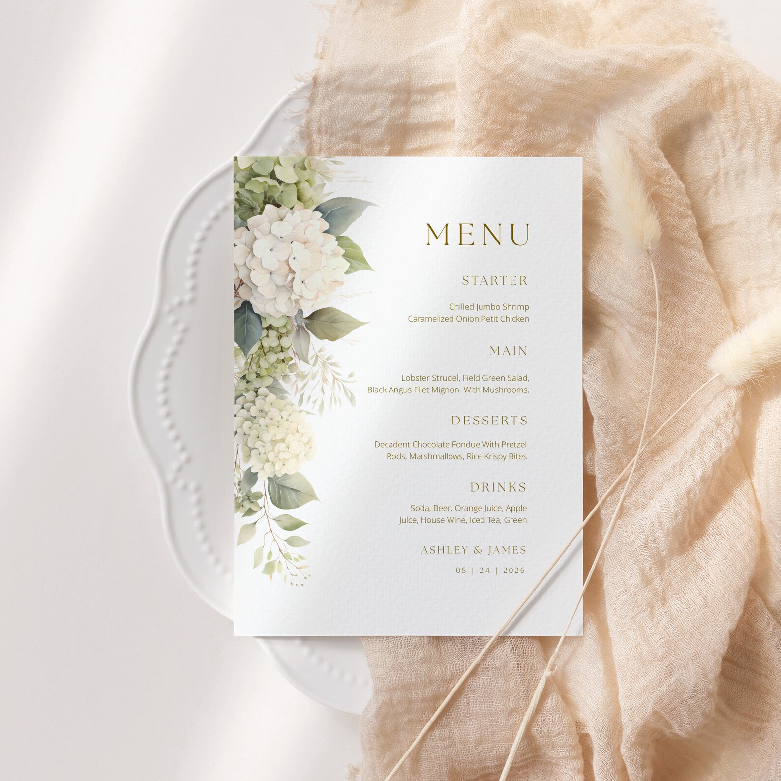 Hydrangea Wedding Menu Template,white Hydrangea Flower Menu, Printable ...