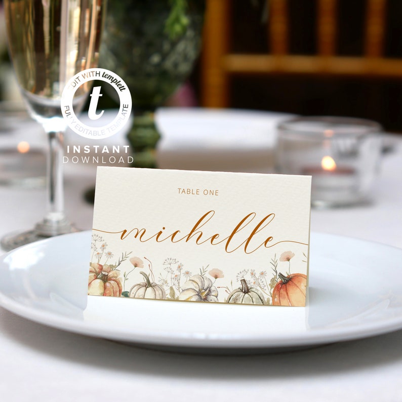 Fall Wildflower Pumpkin Wedding Place Card Template,fall Seating Card ...