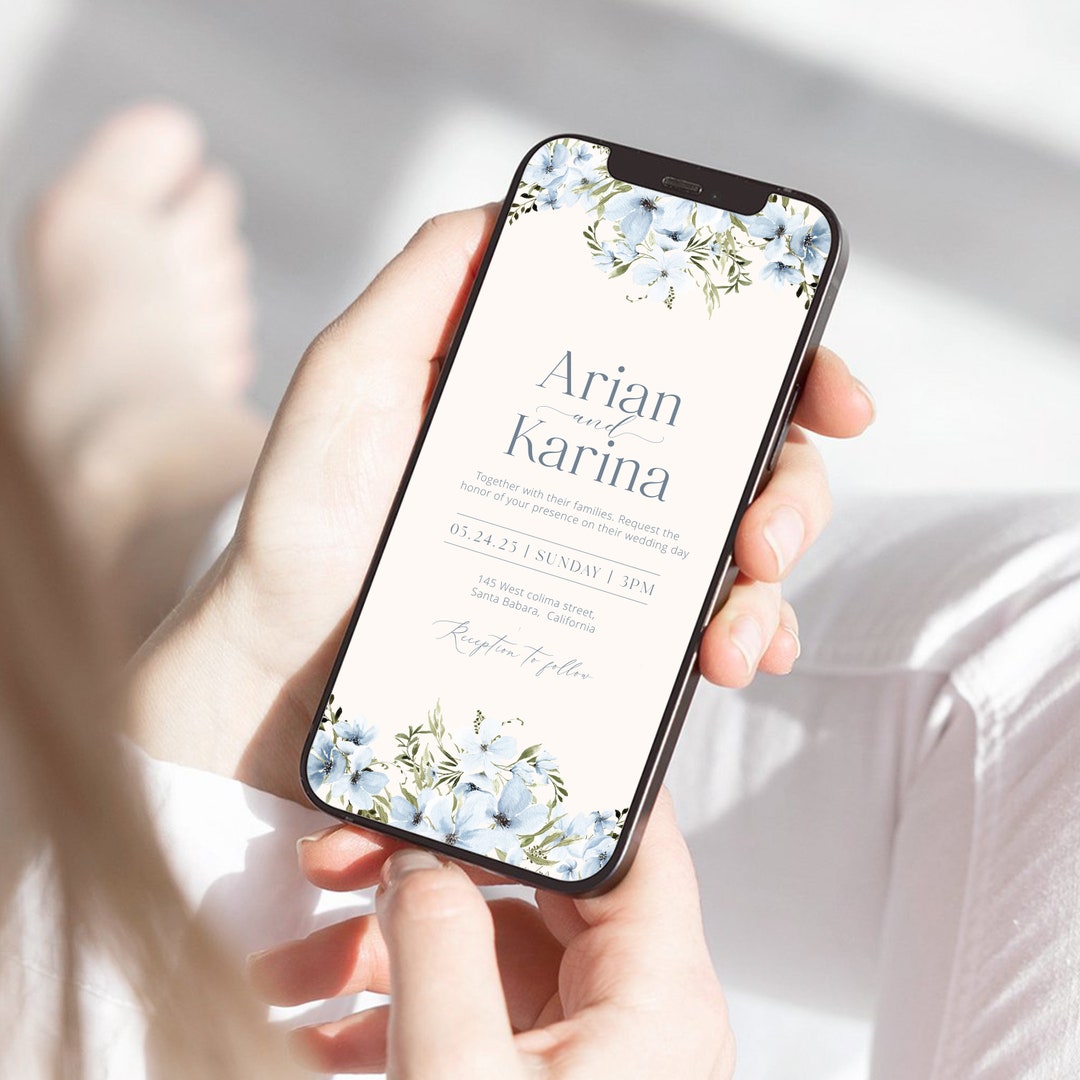 Dusty Blue Floral Electronic Wedding Invitation, Mobile Evite, Light ...