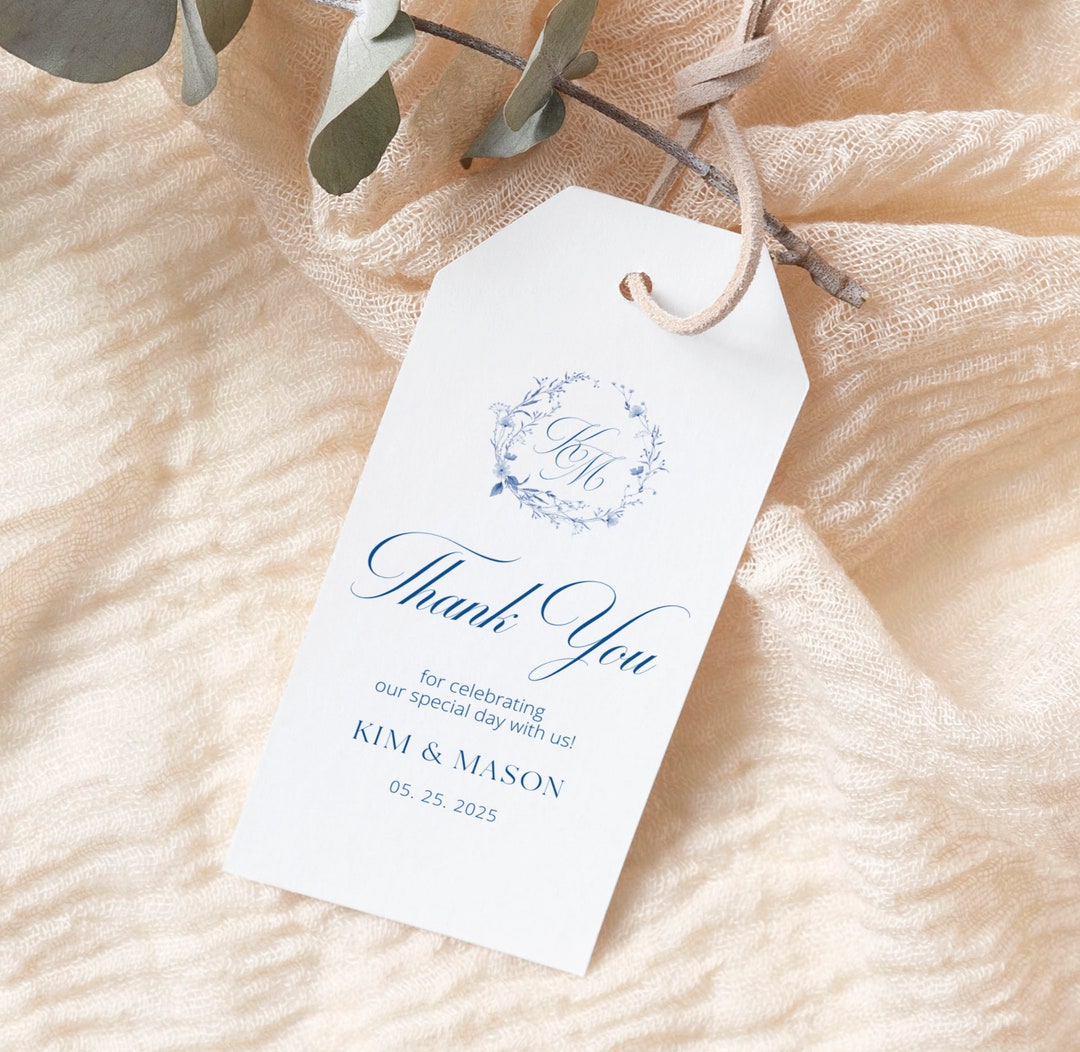 Dusty Blue Wedding Initial Gift Tag Template,blue Monogram Thank You ...