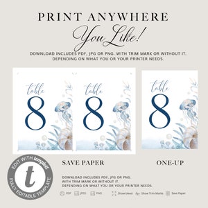 Blue Beach Ocean Themed Wedding Table Number Card Template, Editable ...