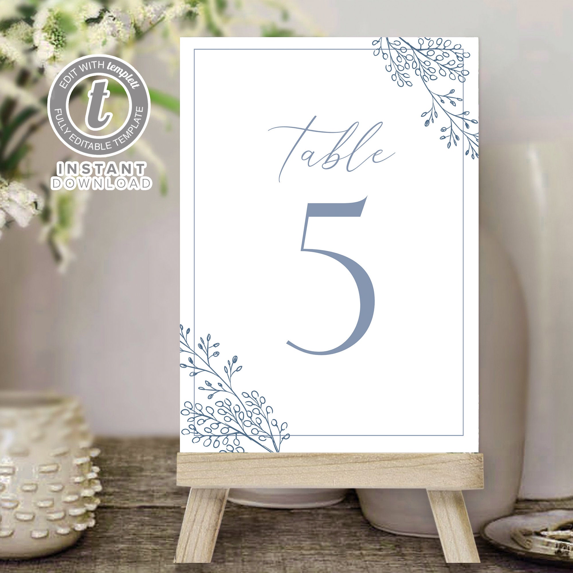 Dusty Blue Floral Wedding Table Number Card Template, Seating Card,blue ...